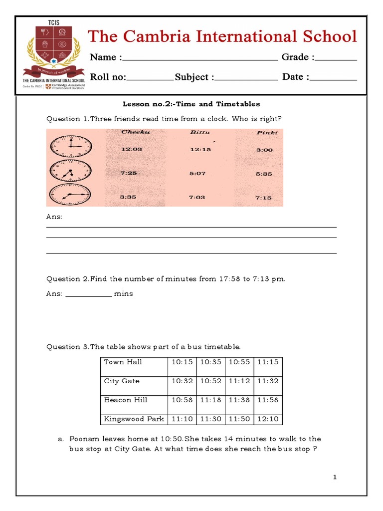 Sample Worksheet of Mathematics Grade 4 Lesson 2 Time and Timetables | PDF | Science