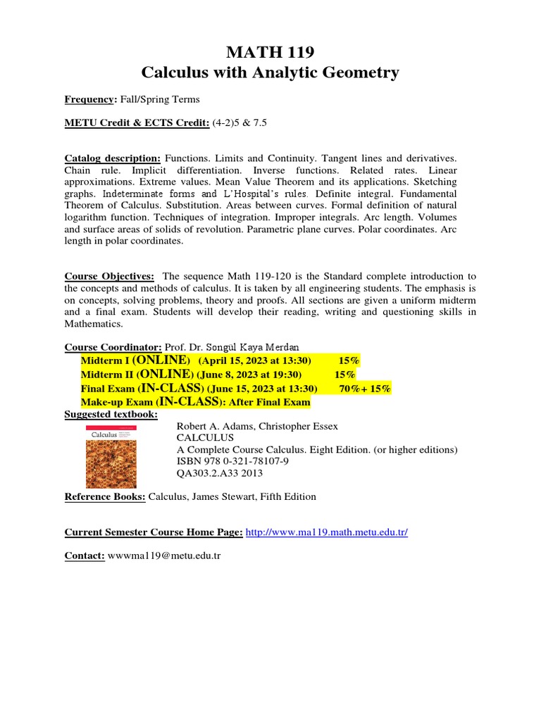 MATH 119 Calculus Syllabus 2022-2023 | PDF | Integral | Derivative