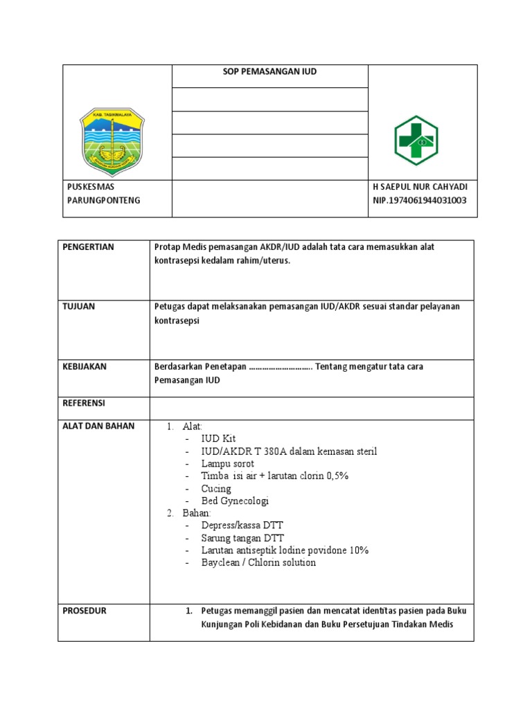 Sop Pemasangan Iud | PDF