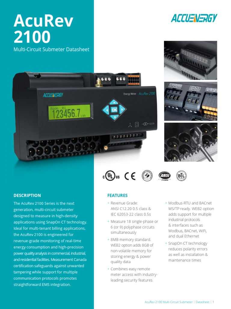 AcuRev 2100 Multi Circuit Submeter Datasheet | PDF | Ac Power | Power ...
