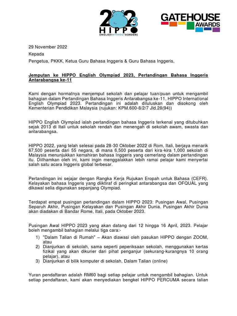 Jemputan HIPPO English Olympiad | PDF