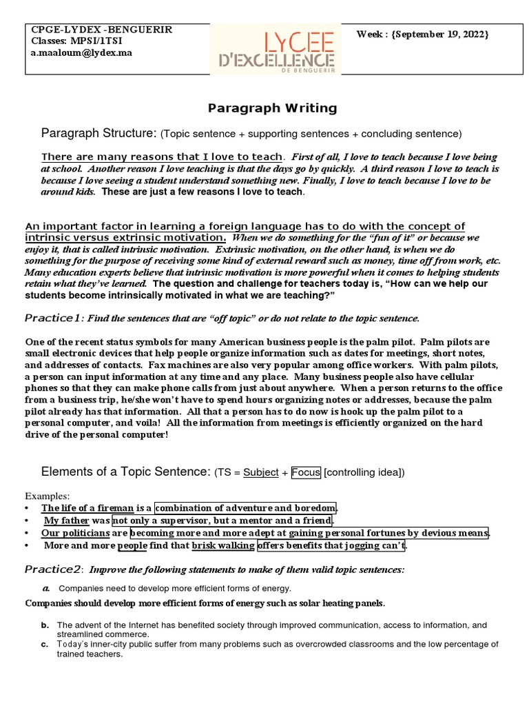 Paragraph Writing | PDF | Motivation | Motivational