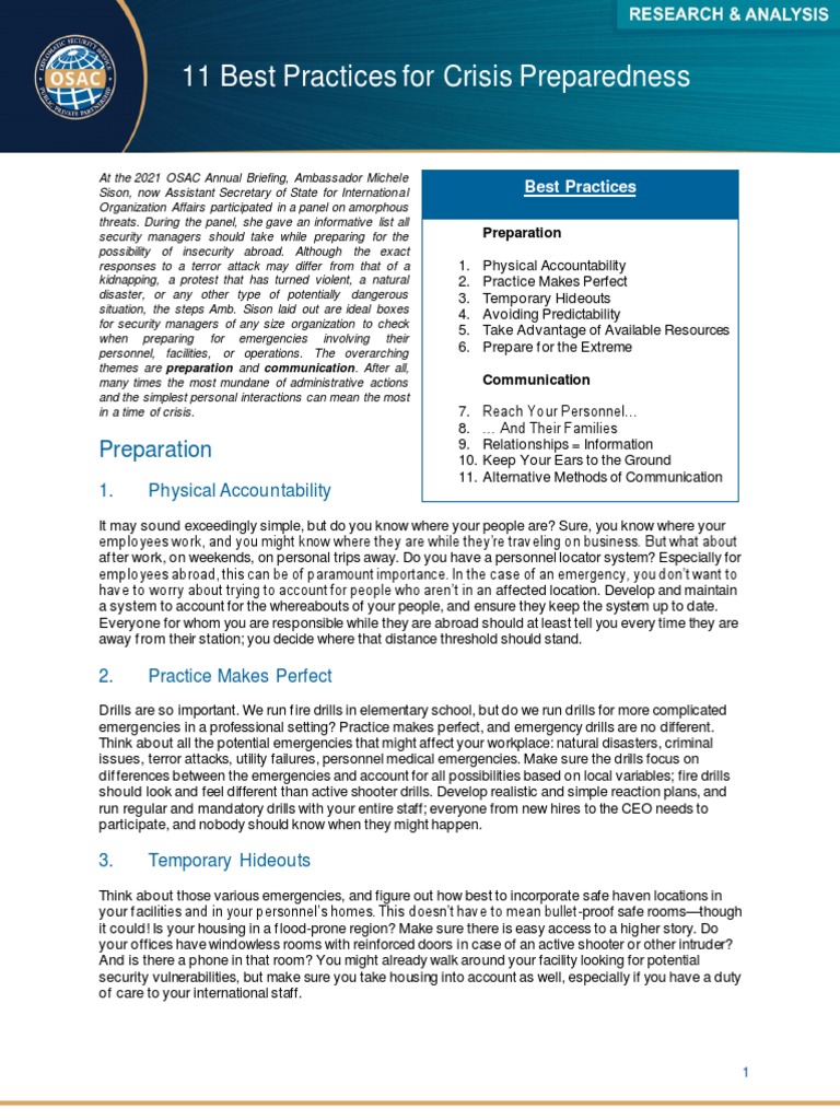 OSAC - Crisis Preparedness Best Practices | PDF | Emergency | Police