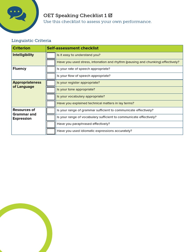 OET Speaking Checklistsasasas | PDF | Cognitive Science | Cognition