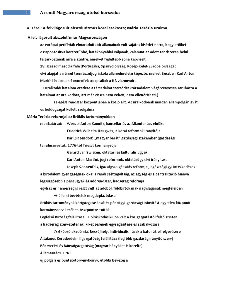 A Felvilágosult Abszolutizmus Korai Szakasza Mária Terézia Uralma | PDF