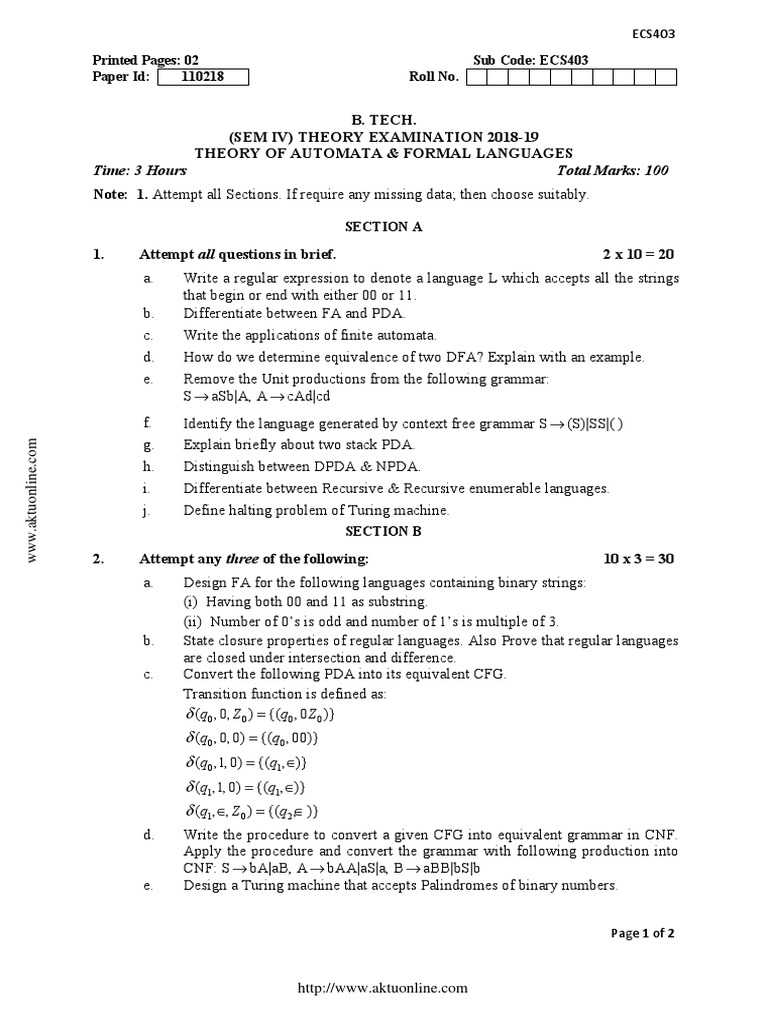 Btech Cs 4 Sem Theory of Automata and Formal Languages Ecs403 2019 | PDF | Applied Mathematics ...