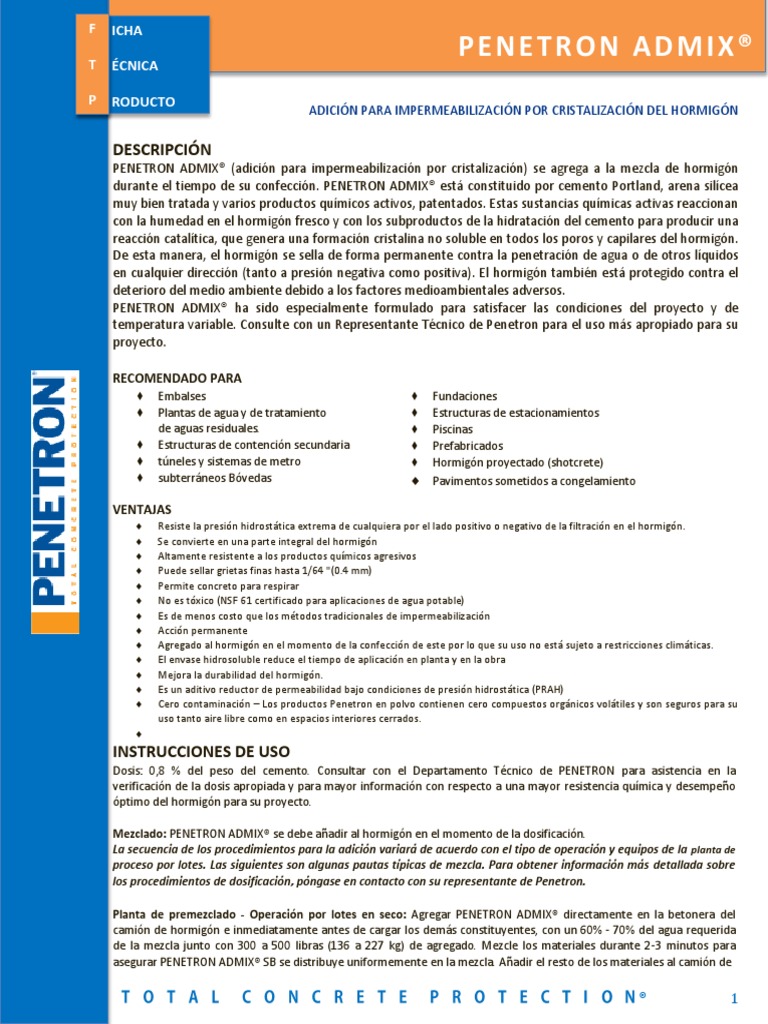 Penetron Admix Data Sheet | PDF | Hormigón | Agua