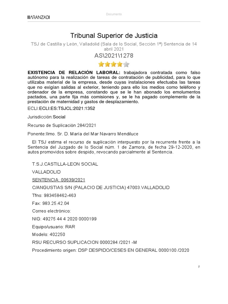 Jur - TSJ de Castilla y Leon, Valladolid (Sala de Lo Social, Seccion 1a ...