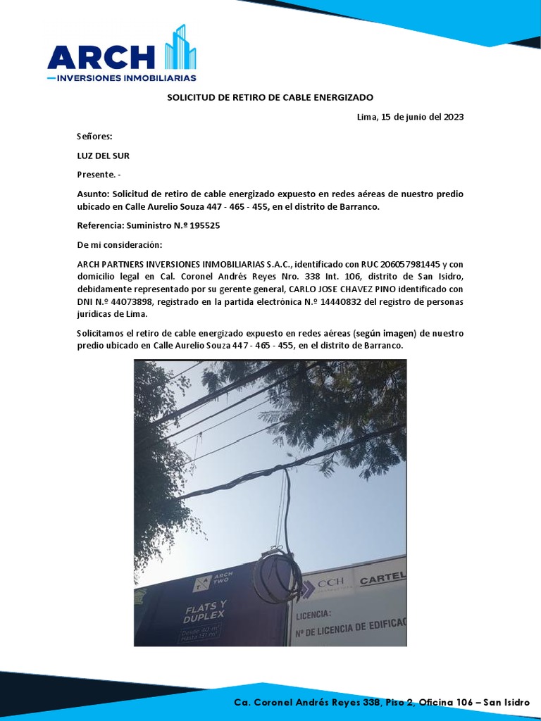 Modelo de Solicitud de Retiro de Cable Energizado | PDF