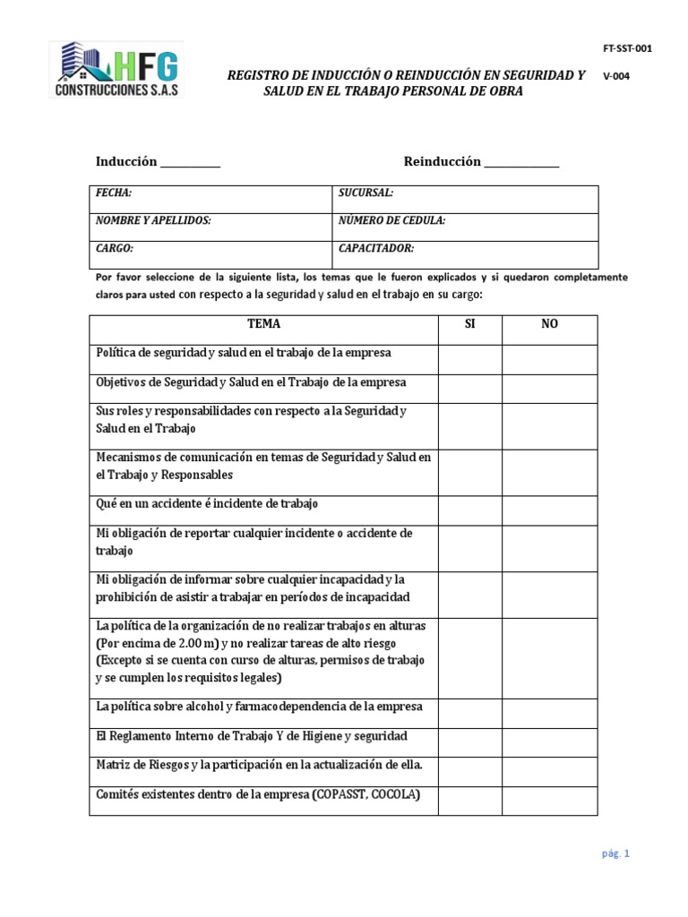 FT-SST-001 Formato de Inducciòn y Reinducciòn | PDF | Enfermedades y trastornos | Especialidades ...