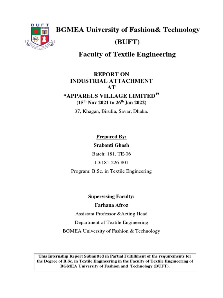 Srabonti Ghosh (181-226-801) Intern Report (AVL) | Download Free PDF | Textiles | Economies