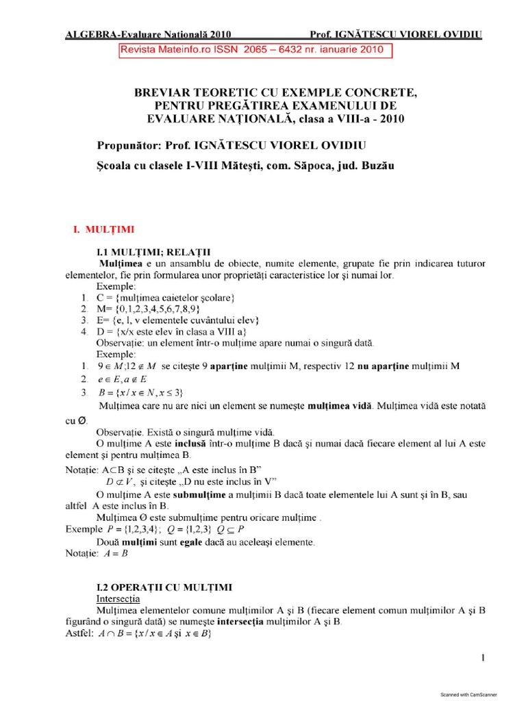 ALGEBRA - Breviar Teoretic Cu Exemple Concrete Pentru Evaluarea Nationala | PDF