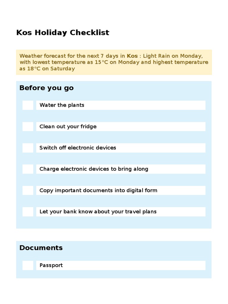 Kos Holiday Checklist | PDF