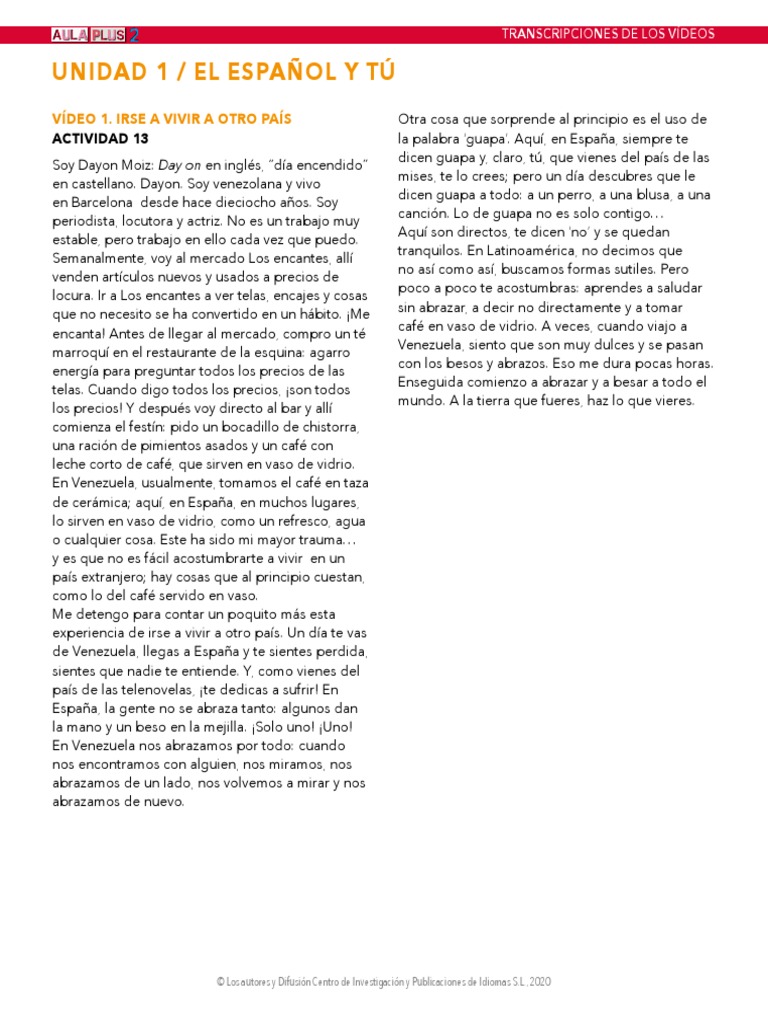 Au Plus 2 Transcripcion Video U01 | PDF