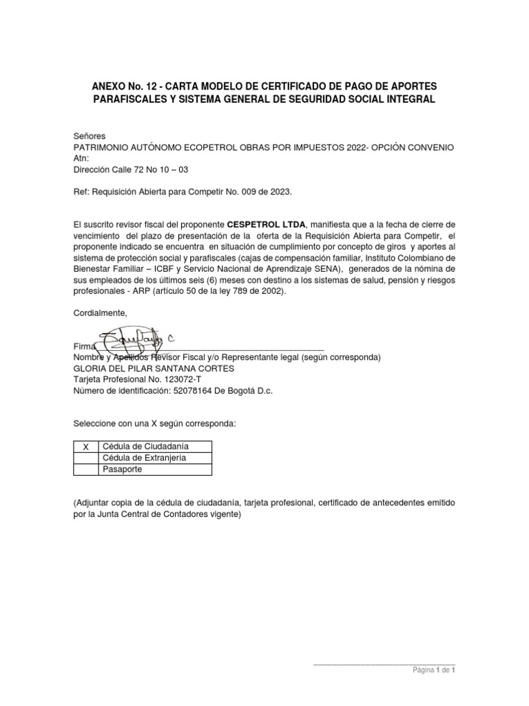 3 4 Anexo No 12 Carta Modelo De Certificado De Pago De Aportes