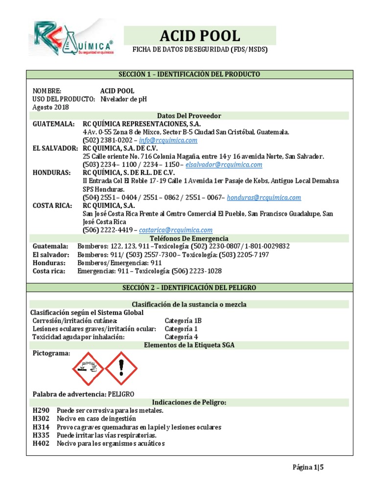 Acid Pool Msds Sga | PDF | Agua | Quemar