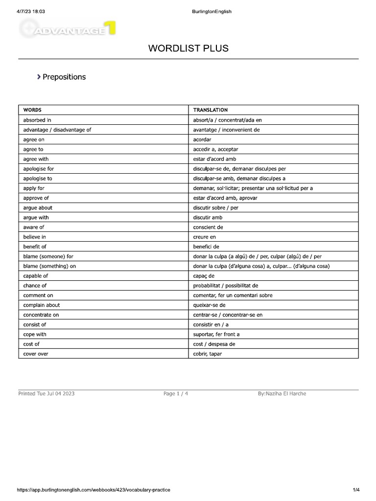 Preposition List | PDF
