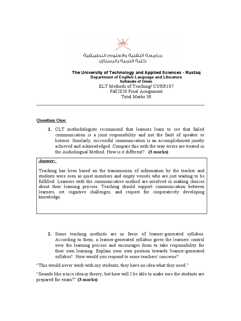 ELT (CURR107) Final Assignment | PDF | Learning | Teachers