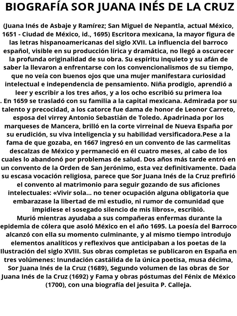 BIOGRAFÍA SOR JUANA INES DE LA CRUZ (1) | PDF