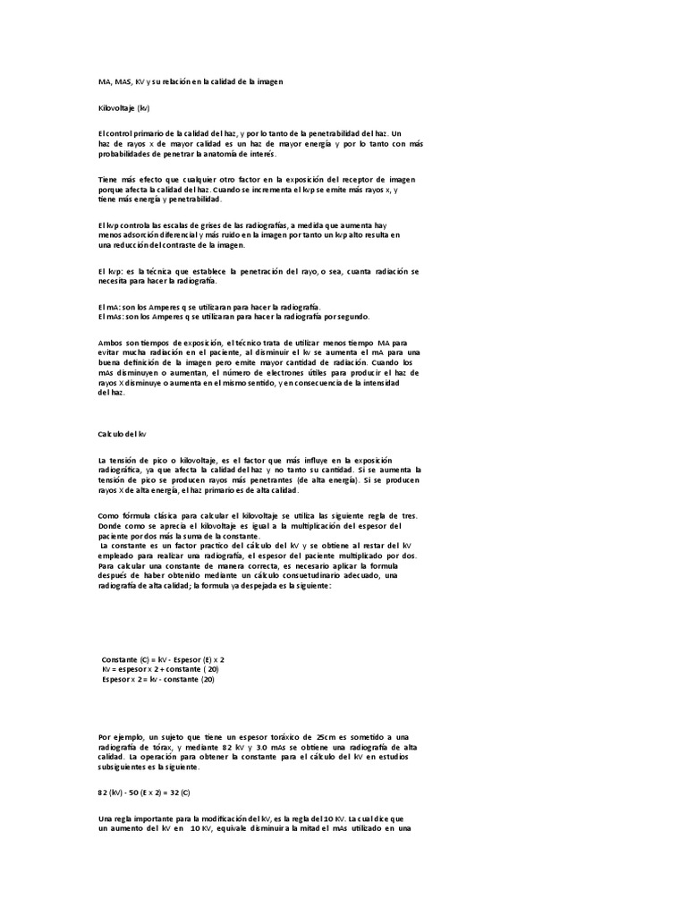 KV y mAs en Radiología: Impacto en Imágenes | PDF | Rayo X | Radiografía