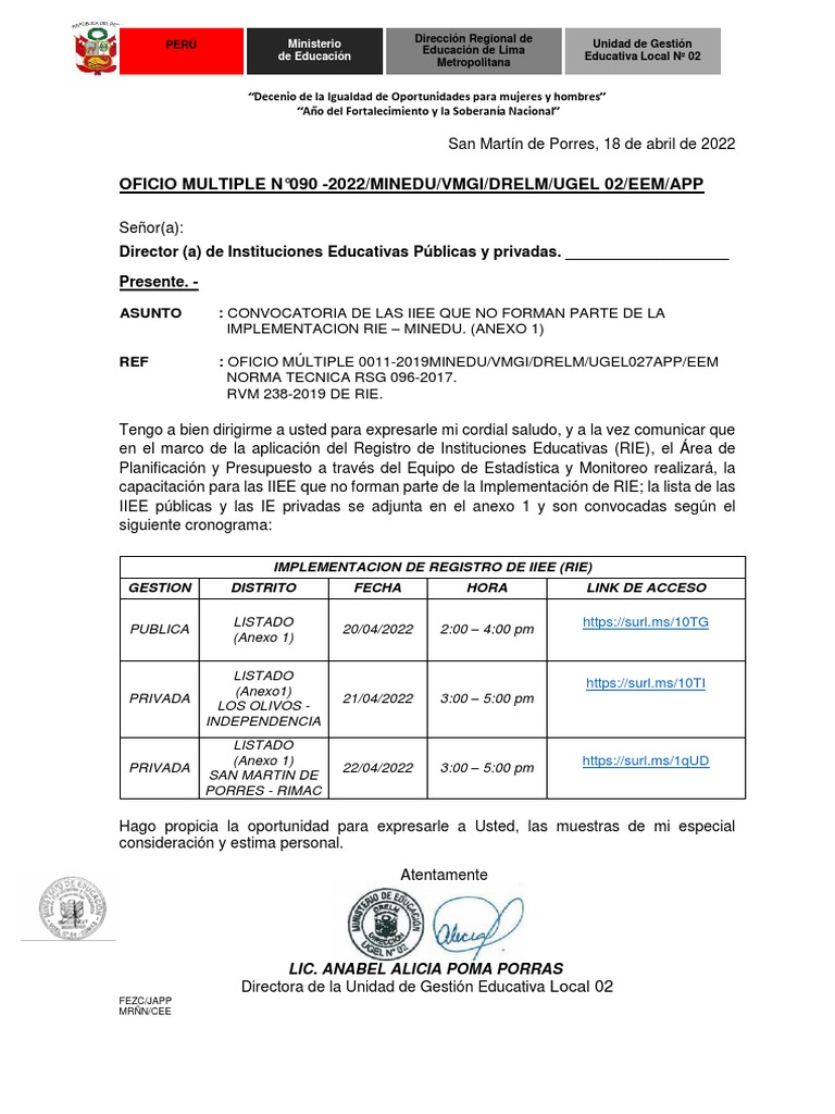 Oficio Ndeg090 Implementacion Rie - Iiee Publicas Privadas 1 | PDF | Perú | Lima