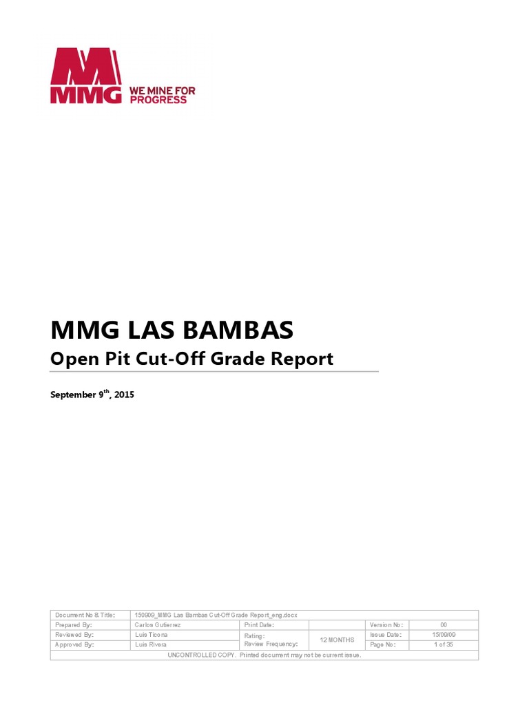 MMG Las Bambas Cut-Off Grade Report - Eng | PDF | Mining | Ore