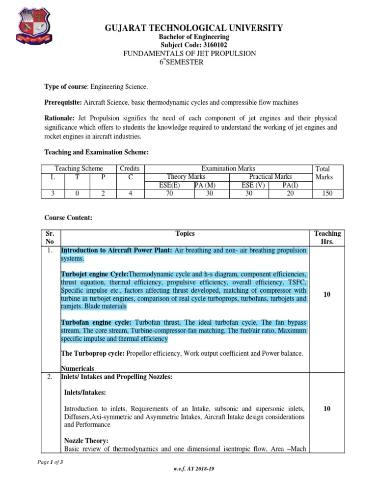 Gujarat Technological University: Fundamentals of Jet Propulsion 6 ...