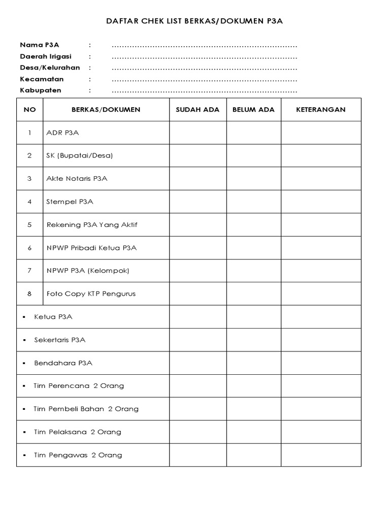 Daftar Chek List Berkas P3a | PDF