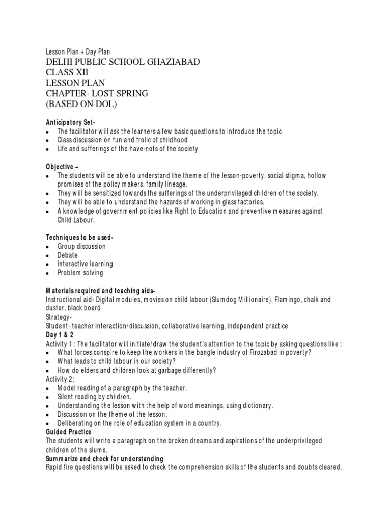 Grade 12 English Lesson Plan: Lost Spring | PDF | Lesson Plan | Teachers