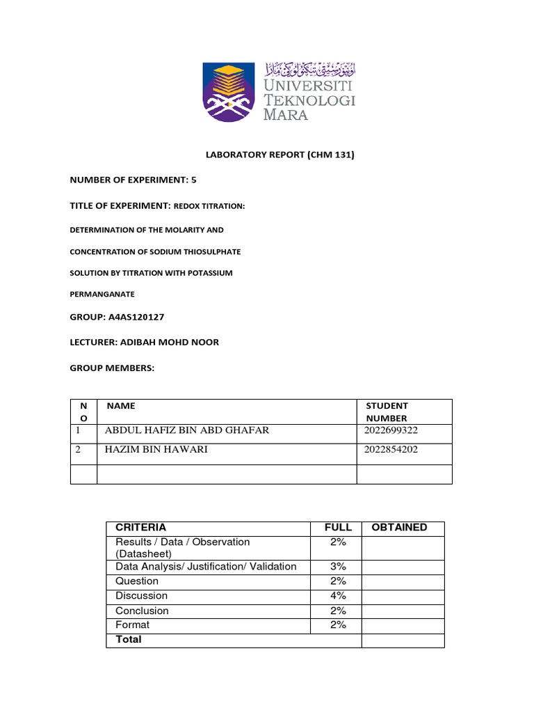 Lab Report Chem Exp 5 | Download Free PDF | Titration | Chemistry