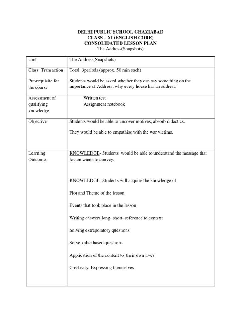 Class 11 Lesson Plan: The Address | PDF | Lesson Plan | Teachers