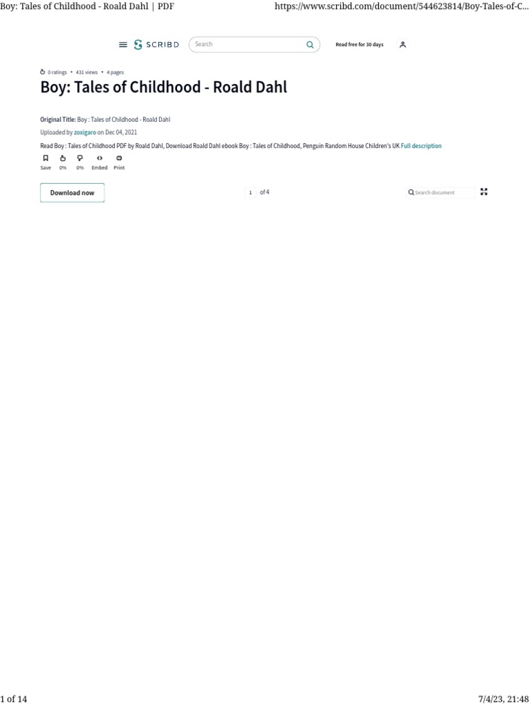 Boy Tales of Childhood - Roald Dahl PDF | PDF | Scribd