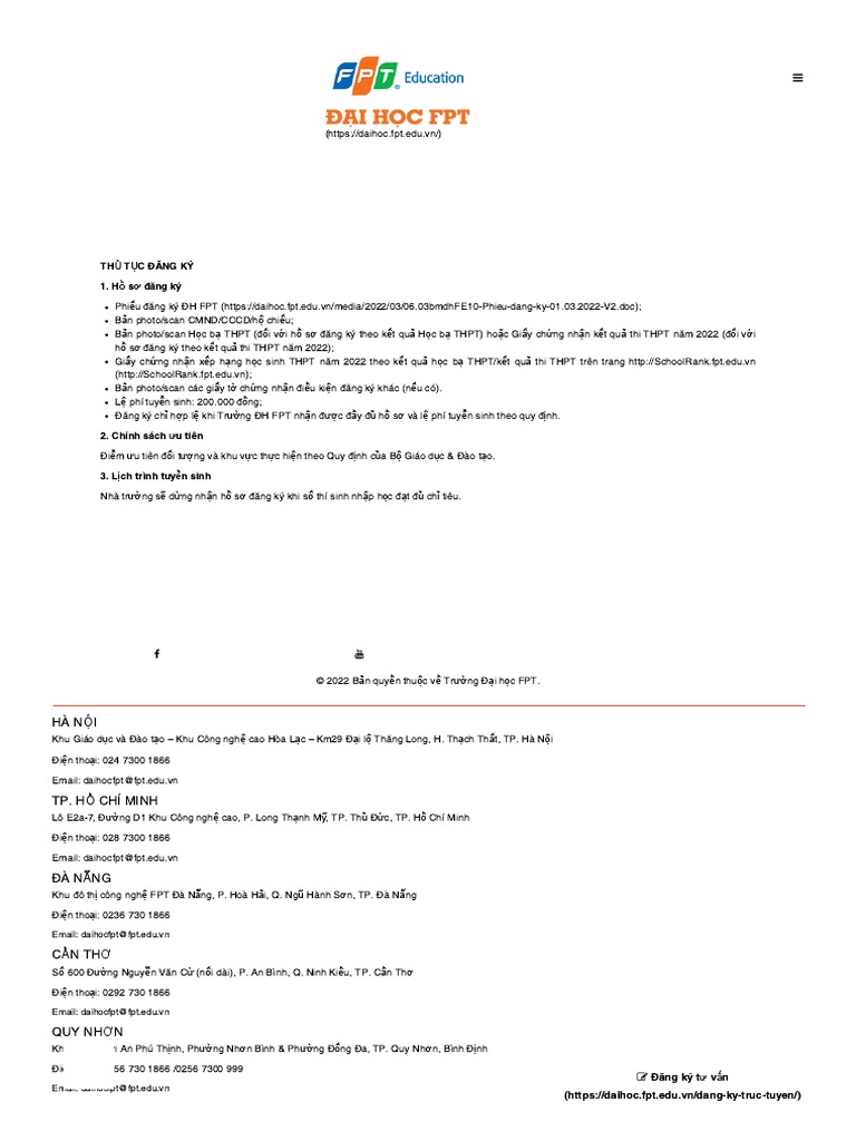 Thủ tục đăng ký - Trường Đại học FPT | PDF