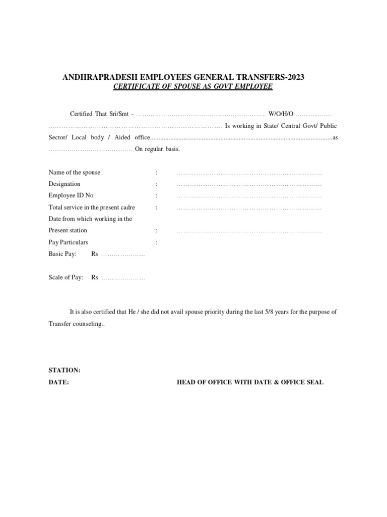 Spouse Certificate for Government Transfers | PDF