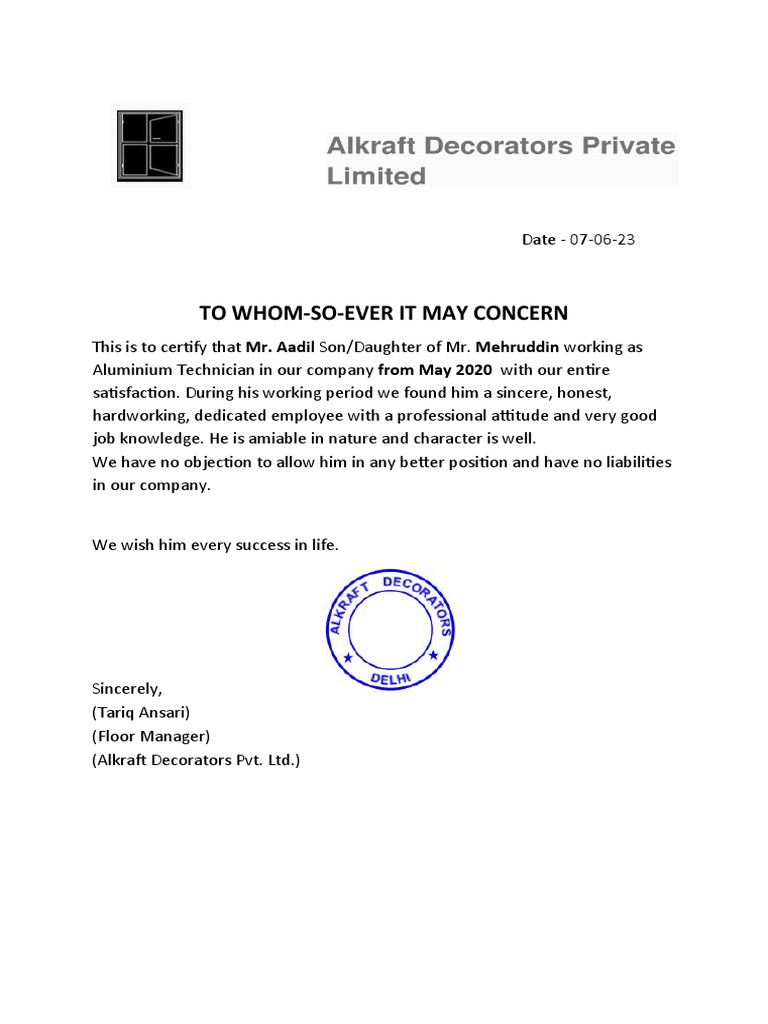 Experience Certificate Alkraft | PDF