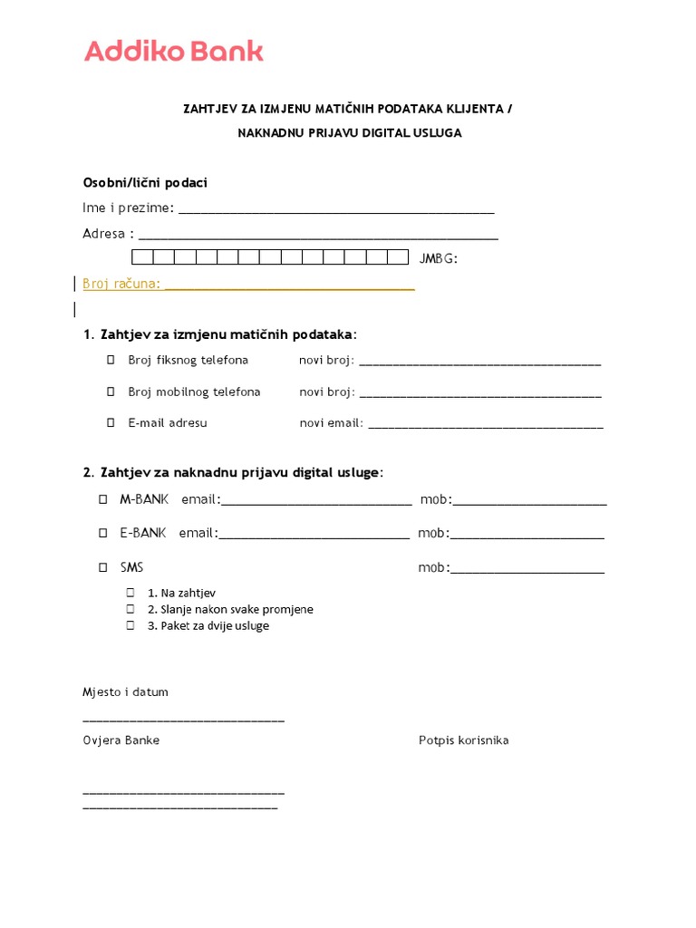 Zahtjev Za Prijavu Ili Zmjenu Maticnih Podataka | PDF
