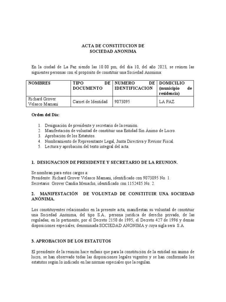 Modelo Acta de Constitución | PDF | Gobierno | Justicia