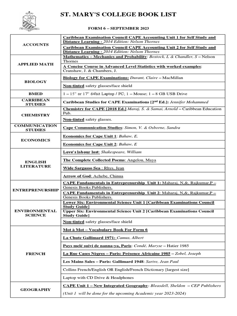 Form 6 Booklist 2023-2024 | PDF