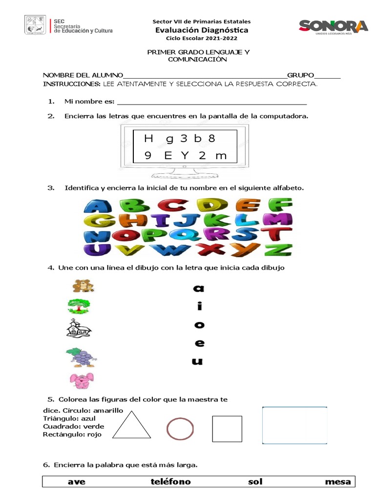 Examen diagnóstico de Español 1° grado. | PDF