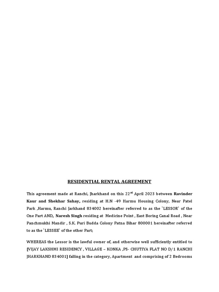 Residential Rental Agreement Format | PDF | Lease | Common Law