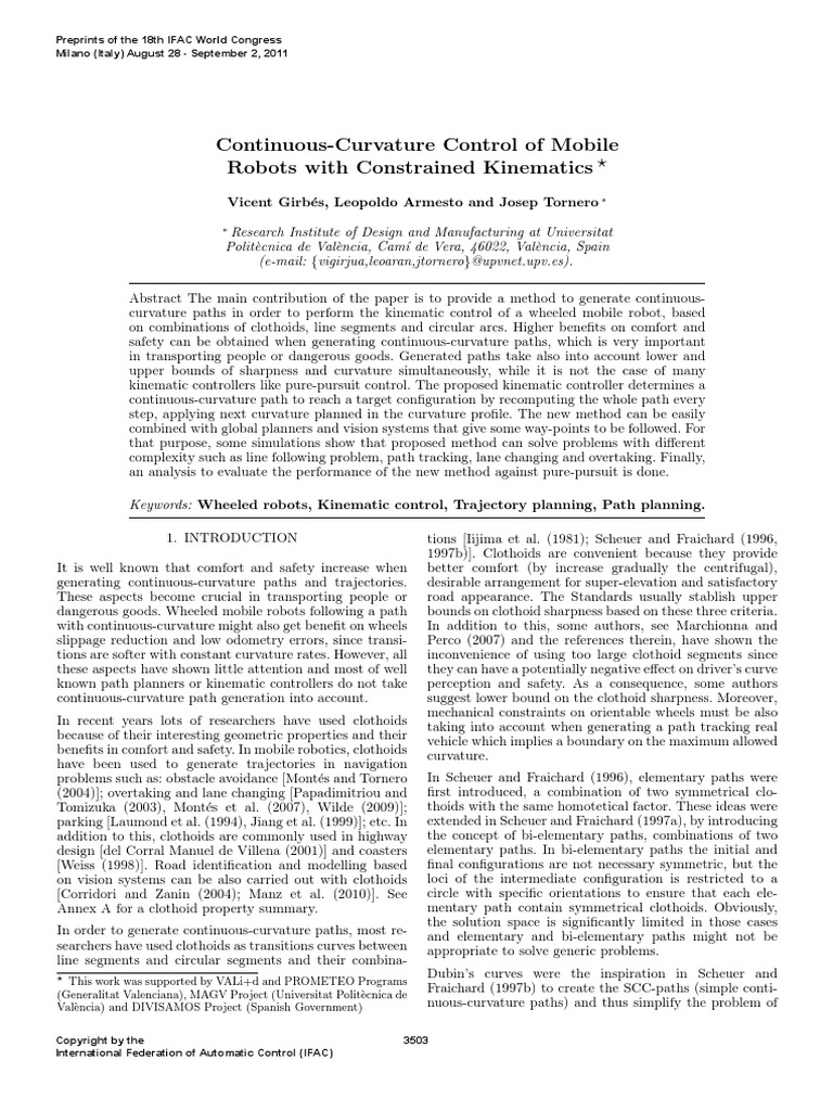 Continuous Curvature Control of Mobile Robots With | PDF | Curvature | Kinematics