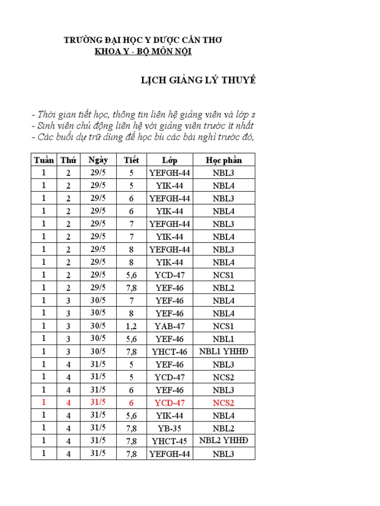 Lịch giảng lý thuyết HK3 NH 22-23- BM Nội | PDF