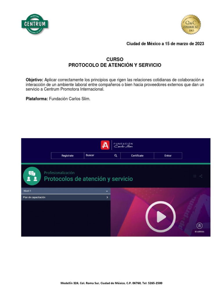 Instrucciones Curso Protocolos de Atencion y Servicio | PDF