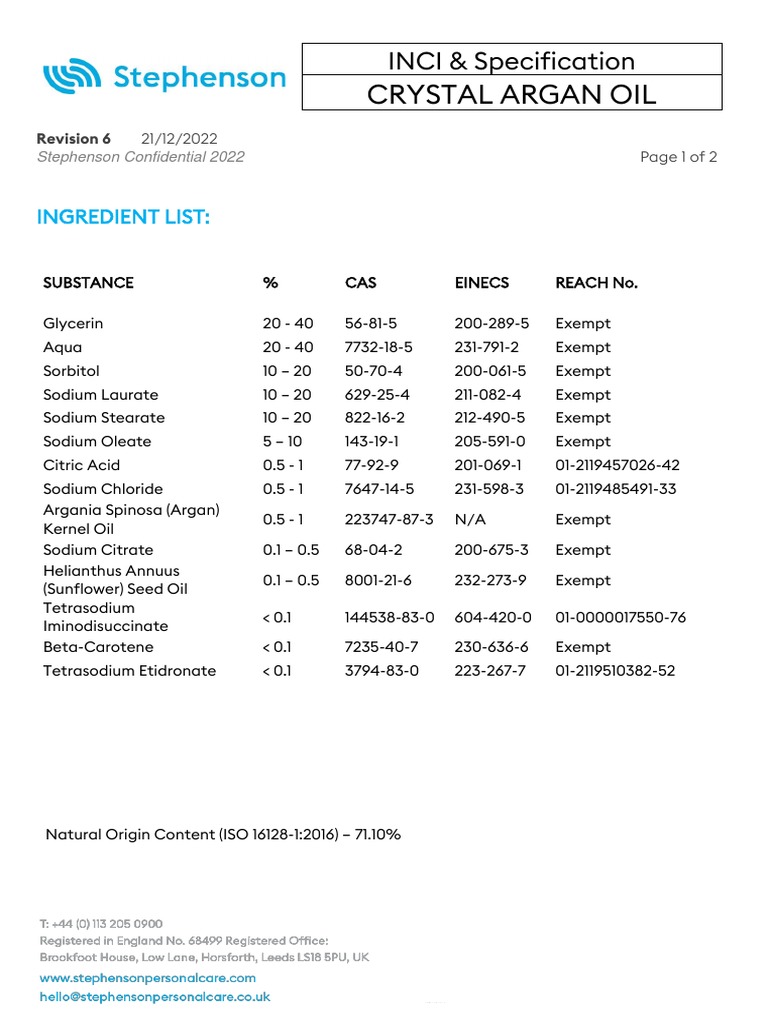 CRYSTAL ARGAN OIL - INCI & Specification Rev 6 | PDF