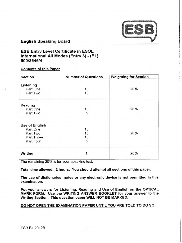 B1 Exam Paper Sample | PDF