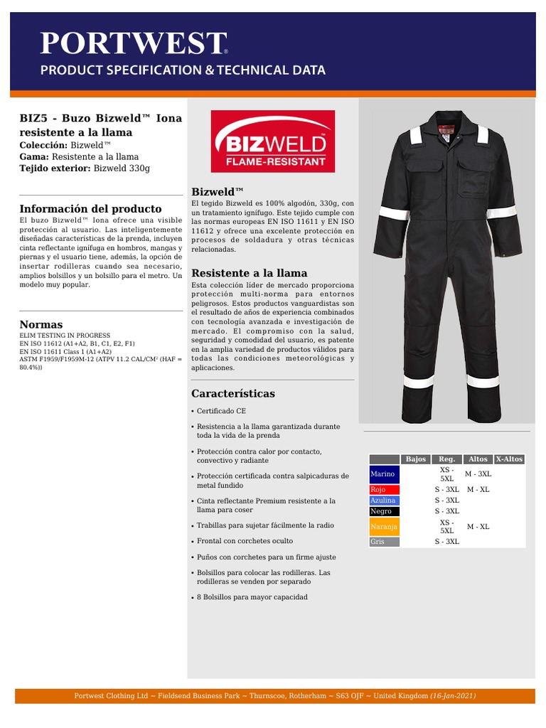 BIZ5 Overol Ignifugo Ficha Tecnica | PDF