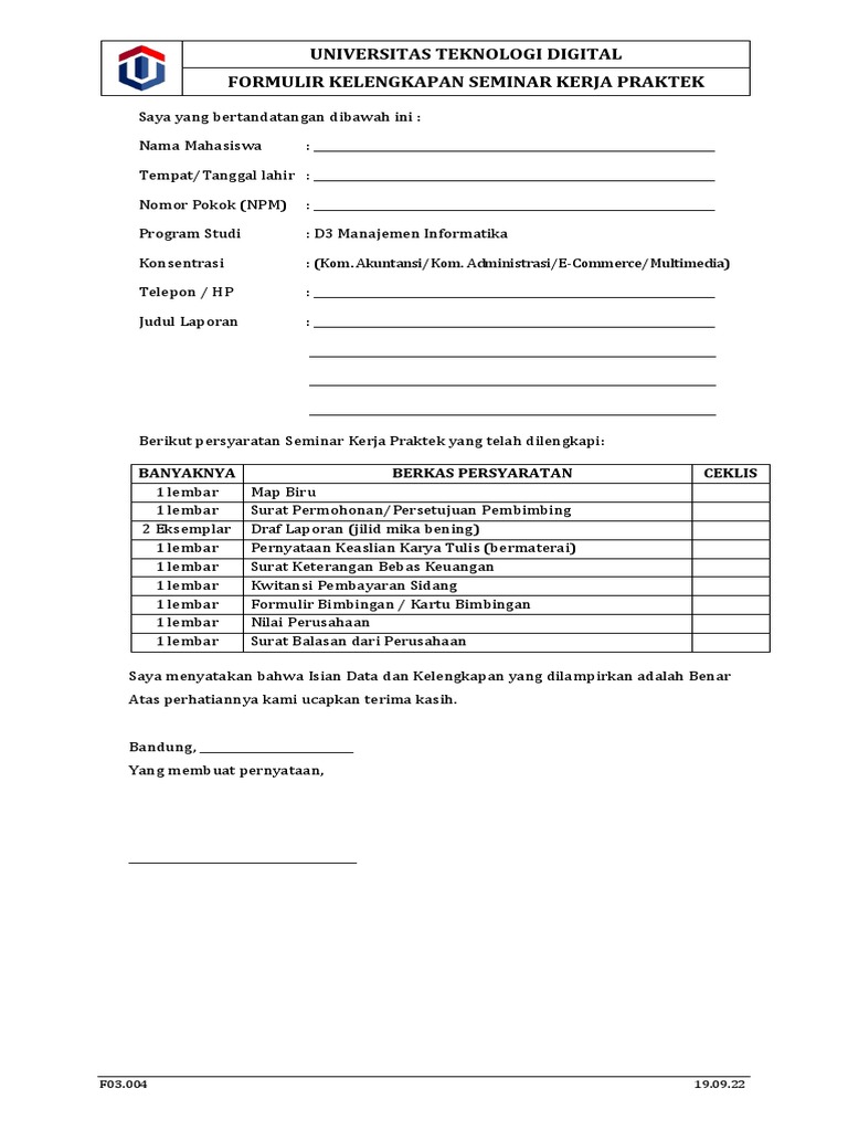Form Pendaftaran Seminar KP | PDF