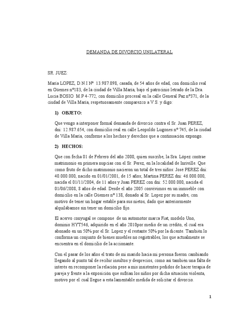 Demanda de Divorcio Unilateral con Hijos | PDF | Divorcio ...