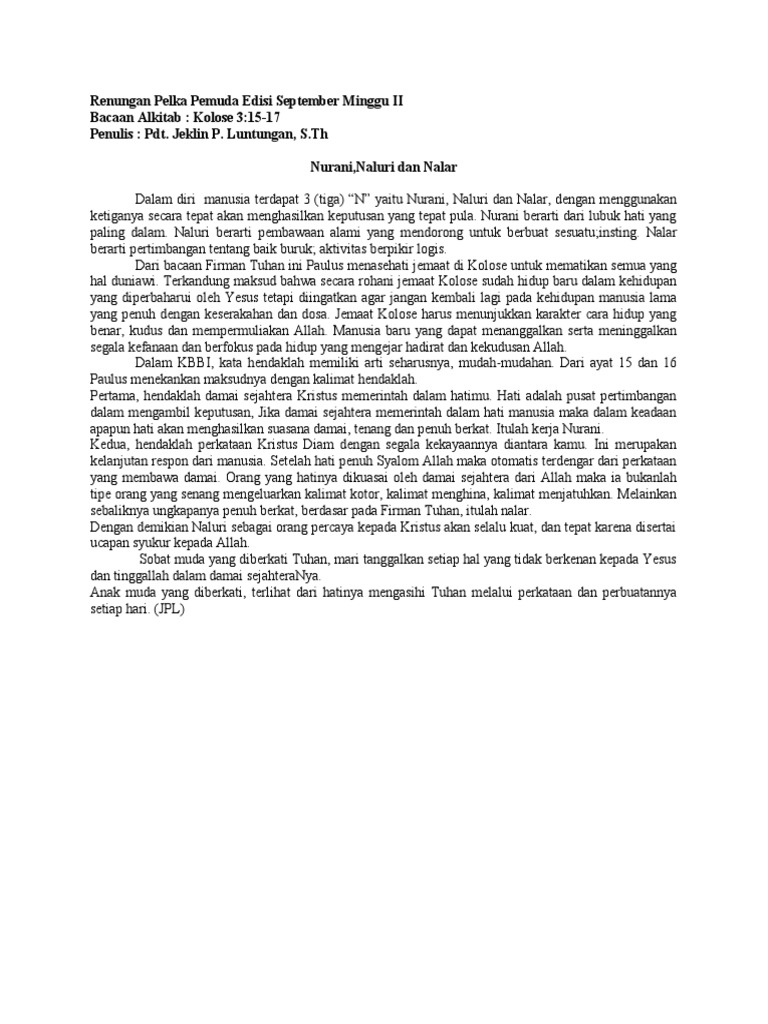 Khotbah Pelka Pemuda Edisi Sept Minggu 2 | PDF