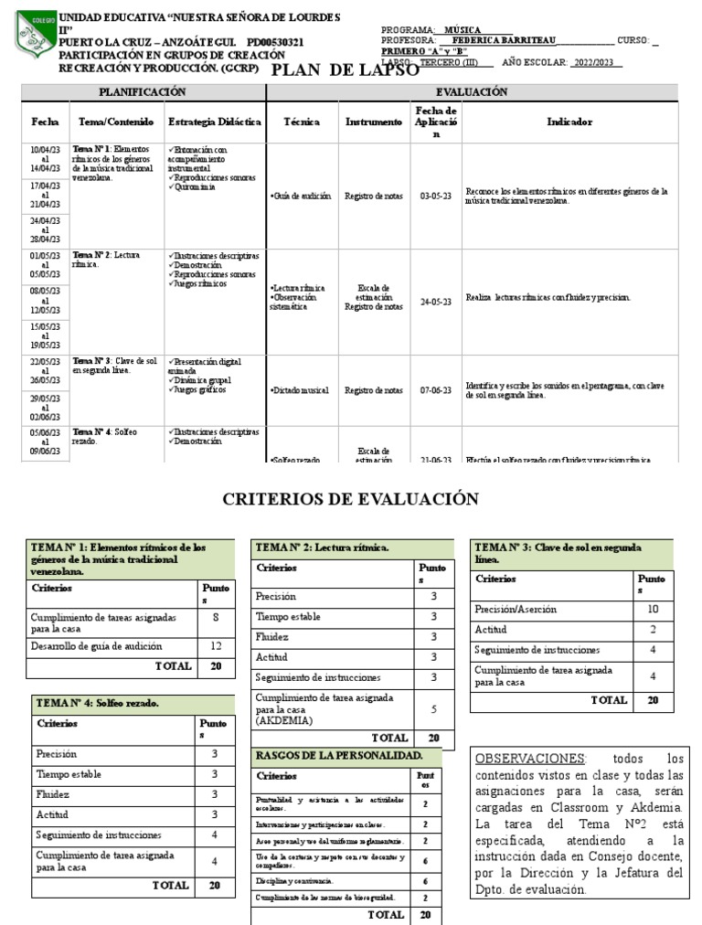 Primer Año - Plan Lapso III (2022-23) | PDF | Ritmo | Clave